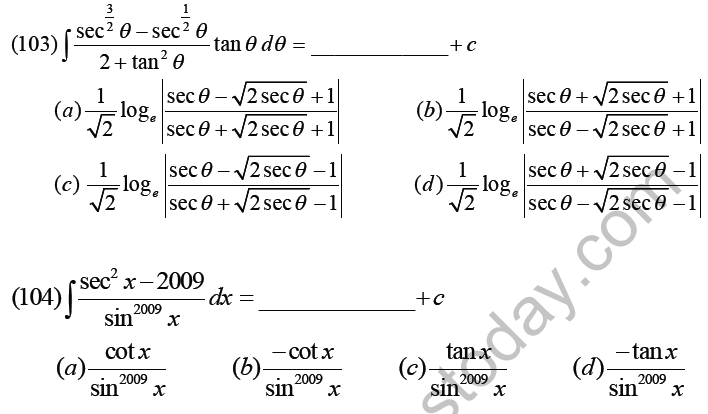 JEE Mathematics Indefinite Integrals MCQs Set C with Answers